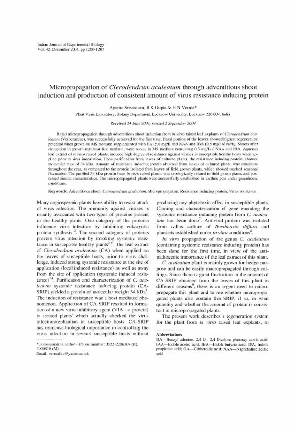 (PDF) Micropropagation of Clerodendrum aculeatum through adventitious ...