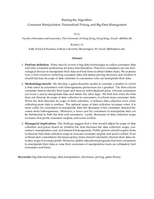 (PDF) Beating the Algorithm: Consumer Manipulation, Personalized Pricing, and Big-Data Management