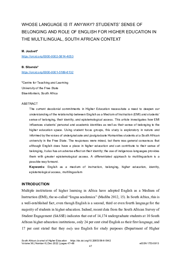 (PDF) WHOSE LANGUAGE IS IT ANYWAY? STUDENTS' SENSE OF BELONGING AND ROLE OF ENGLISH FOR HIGHER ...