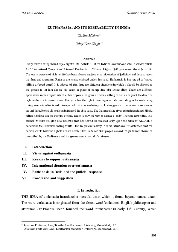 (PDF) EUTHANASIA AND ITS DESIRABILITY IN INDIA