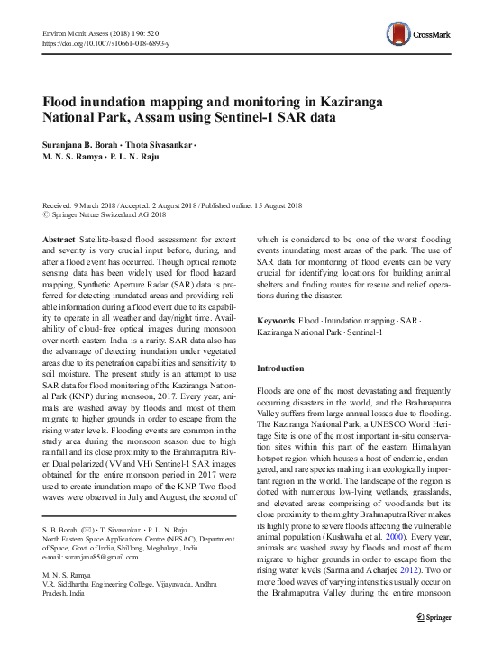 (PDF) Flood inundation mapping and monitoring in Kaziranga National Park, Assam using Sentinel-1 ...