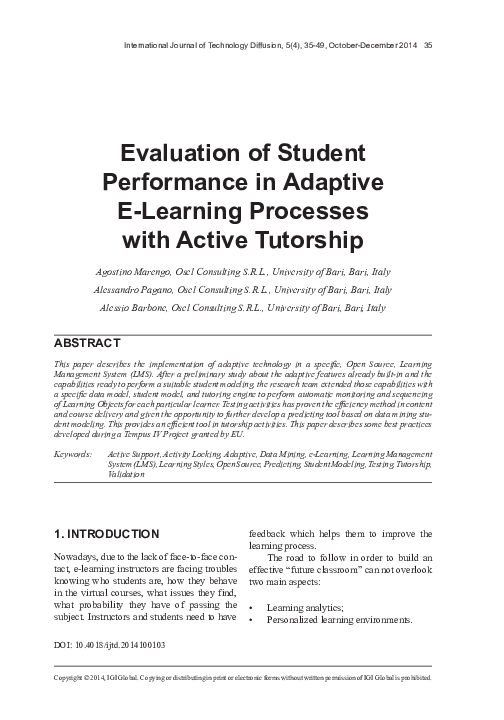(PDF) Evaluation of Student Performance in Adaptive E-Learning Processes with Active Tutorship