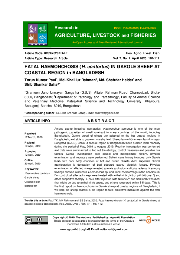 (PDF) Fatal haemonchosis (H. contortus) in Garole sheep at coastal ...