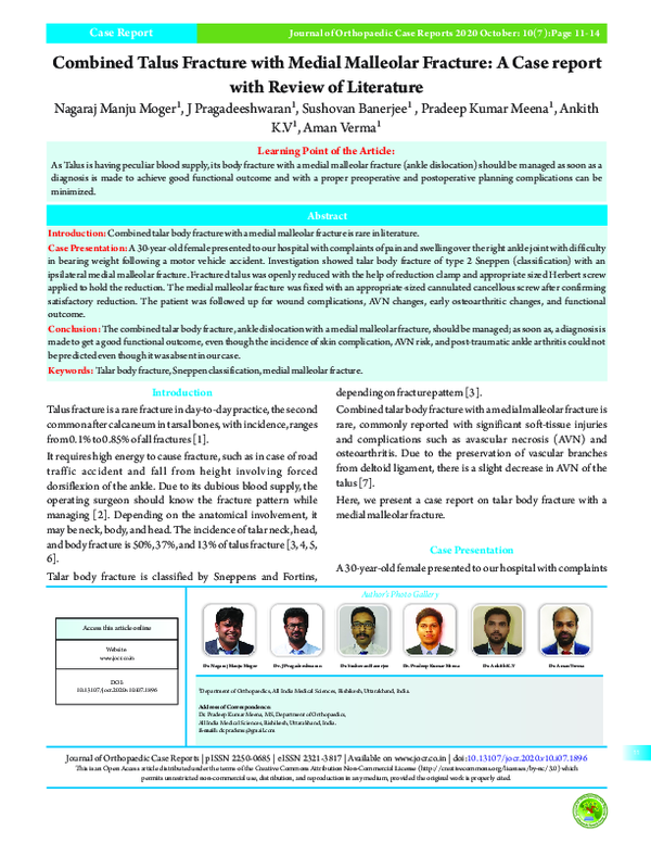 (PDF) Combined Talus Fracture with Medial Malleolar Fracture: A Case ...