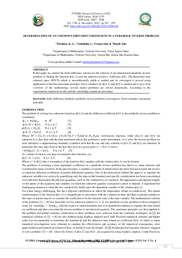 (PDF) Determination of an Unknown Diffusion Coefficient in a Parabolic ...