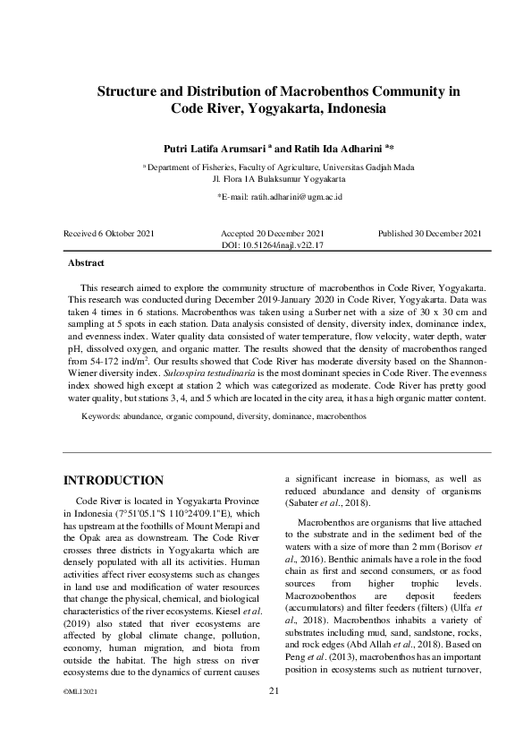 (PDF) Structure and Distribution of Macrobenthos Community in Code River, Yogyakarta, Indonesia ...
