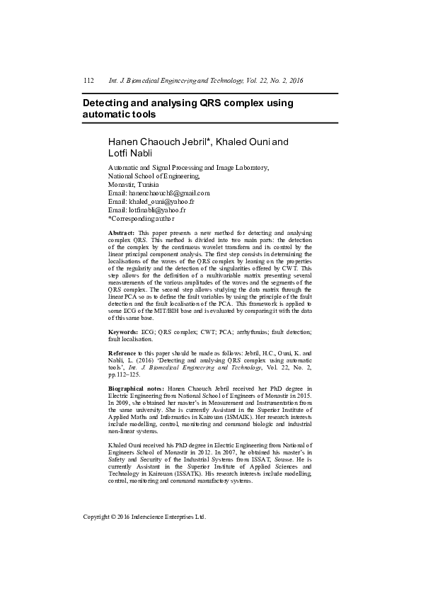 (PDF) QRS Complex Detection via Wavelet and PCA