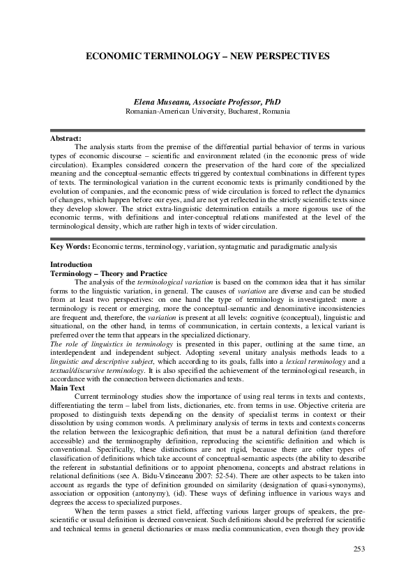 (PDF) Economic Terminology – New Perspectives