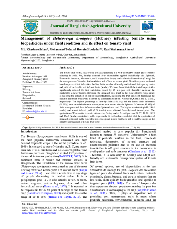 (PDF) Management of Helicoverpa armigera (Hubner) infesting tomato using biopesticides under ...