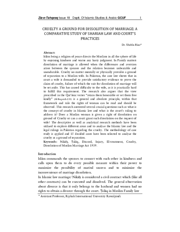 (PDF) CRUELTY A GROUND FOR DISSOLUTION OF MARRIAGE: A COMPARATIVE STUDY ...