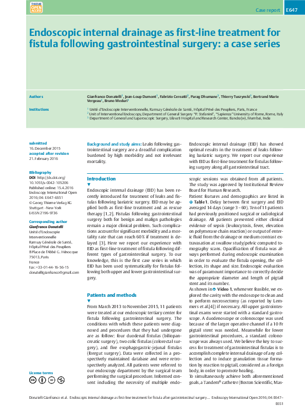 (PDF) Endoscopic internal drainage as first-line treatment for fistula ...