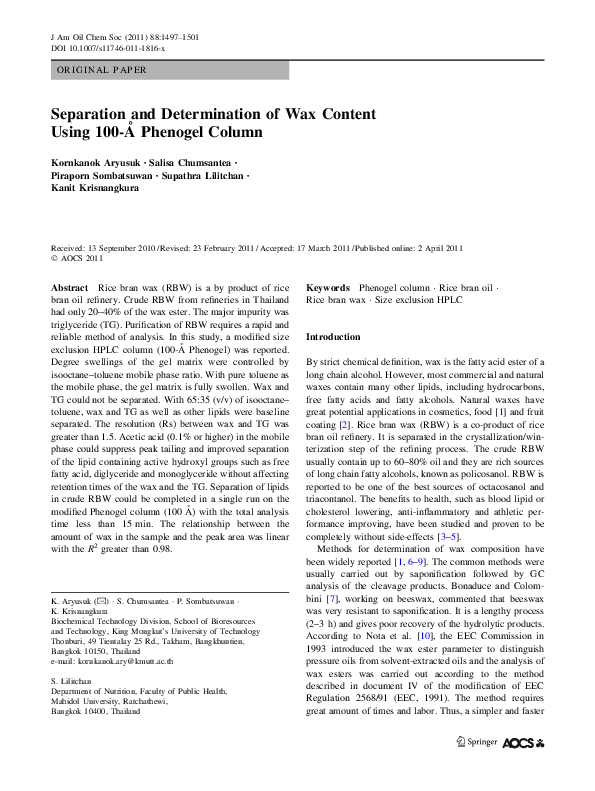 (PDF) Separation and Determination of Wax Content Using 100-Å Phenogel ...