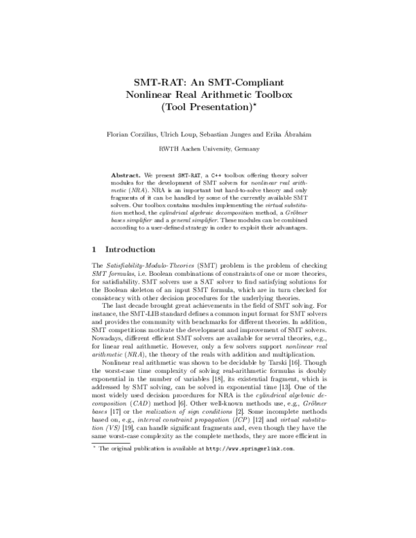 (PDF) SMT-RAT: An SMT-Compliant Nonlinear Real Arithmetic Toolbox