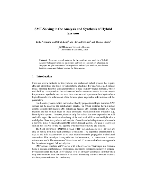 Pdf Smt Solving In The Analysis And Synthesis Of Hybrid Systems