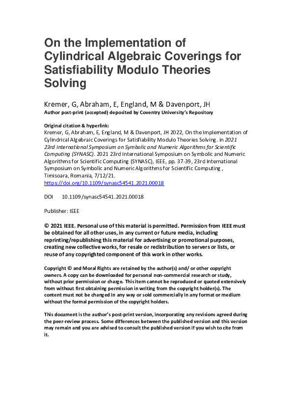 (PDF) On the Implementation of Cylindrical Algebraic Coverings for Satisfiability Modulo ...