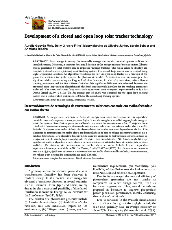 (PDF) Development of a closed and open loop solar tracker technology