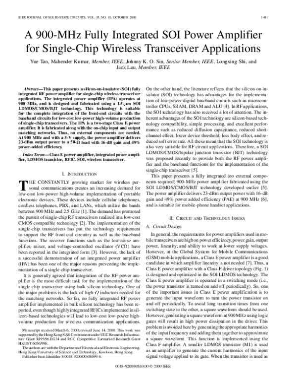 (PDF) A 900-MHz fully integrated SOI power amplifier for single-chip ...