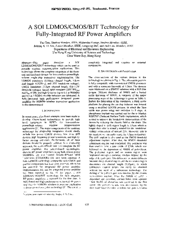 (PDF) A SOI LDMOS/CMOS/BJT technology for fully-integrated RF power amplifiers