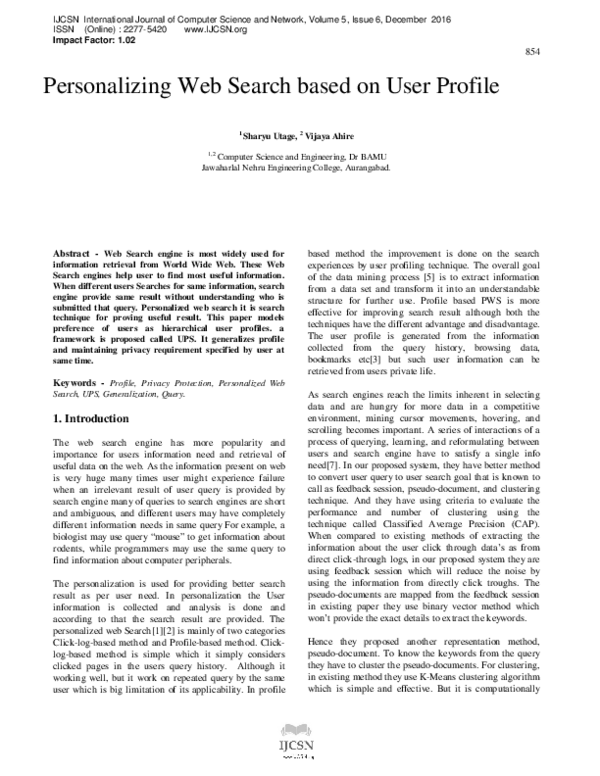 (PDF) Personalizing Web Search based on User Profile