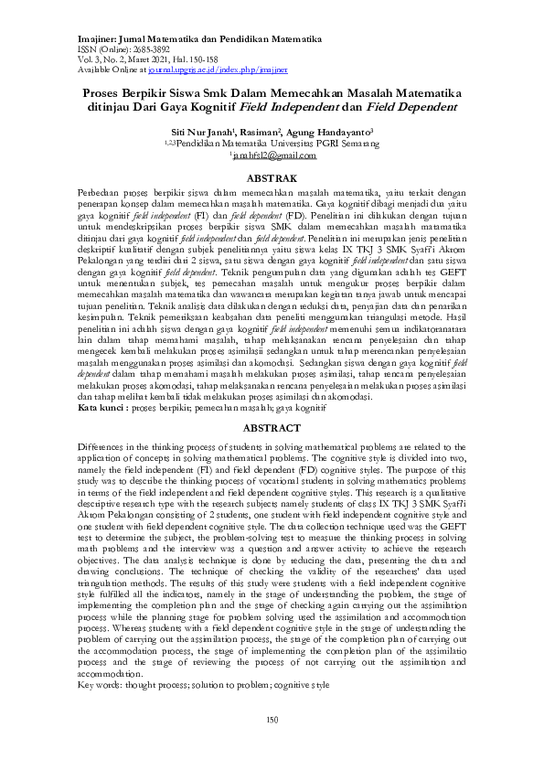 (PDF) Proses Berpikir Siswa Smk Dalam Memecahkan Masalah Matematika ditinjau Dari Gaya Kognitif ...