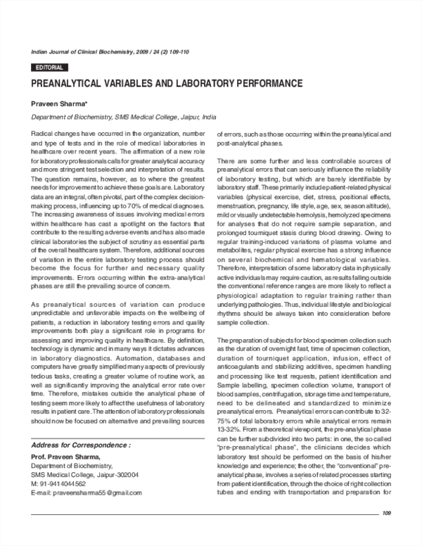 (PDF) Preanalytical variables and laboratory performance
