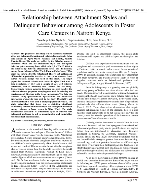 Pdf Relationship Between Attachment Styles And Delinquent Behaviour