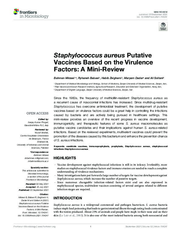 (PDF) Staphylococcus aureus Putative Vaccines Based on the Virulence Factors: A Mini-Review