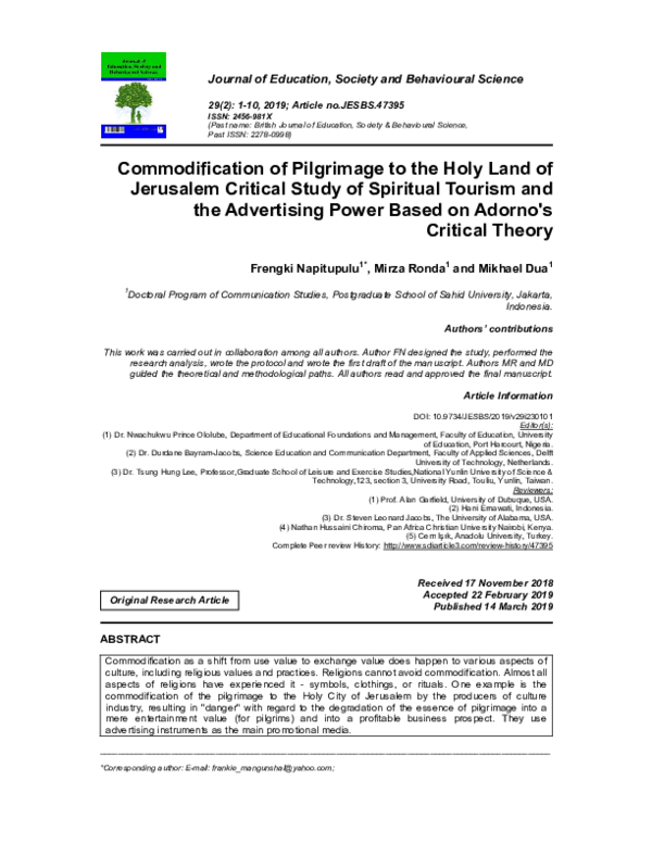 (PDF) Commodification of Pilgrimage to the Holy Land of Jerusalem ...