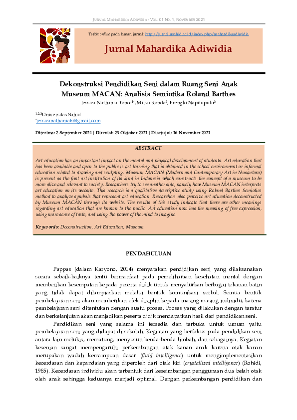 (PDF) Dekonstruksi Pendidikan Seni Dalam Ruang Seni Anak Museum MACAN ...