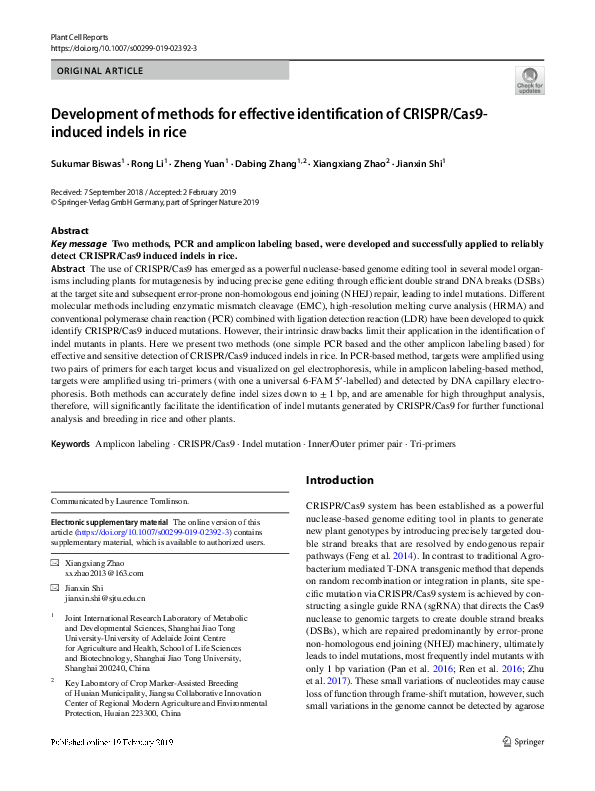 Pdf Development Of Methods For Effective Identification Of Crispr Cas9 Induced Indels In Rice