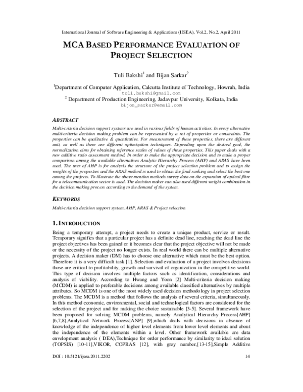 (PDF) MCA Based Performance Evaluation of Project Selection