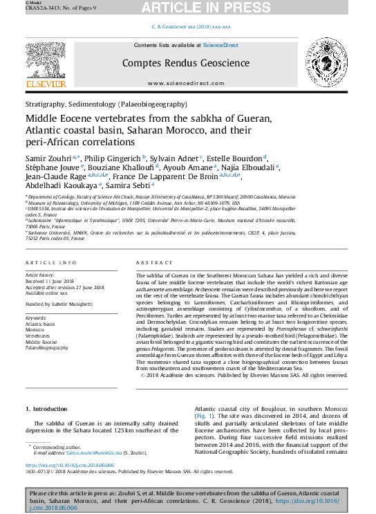 (PDF) Middle Eocene vertebrates from the sabkha of Gueran, Atlantic ...