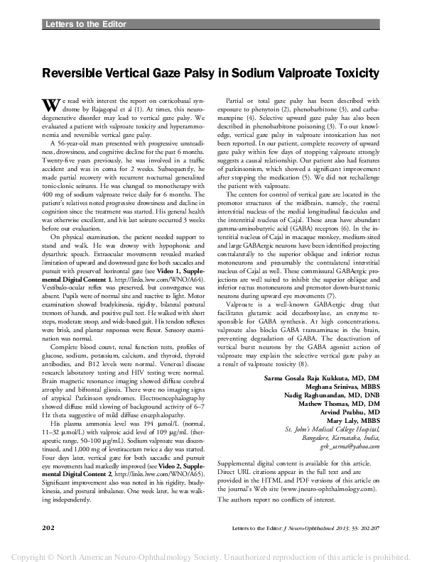 (PDF) Reversible Vertical Gaze Palsy in Sodium Valproate Toxicity