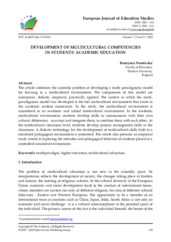 (PDF) Development of Multicultural Competencies in Students' Academic Education