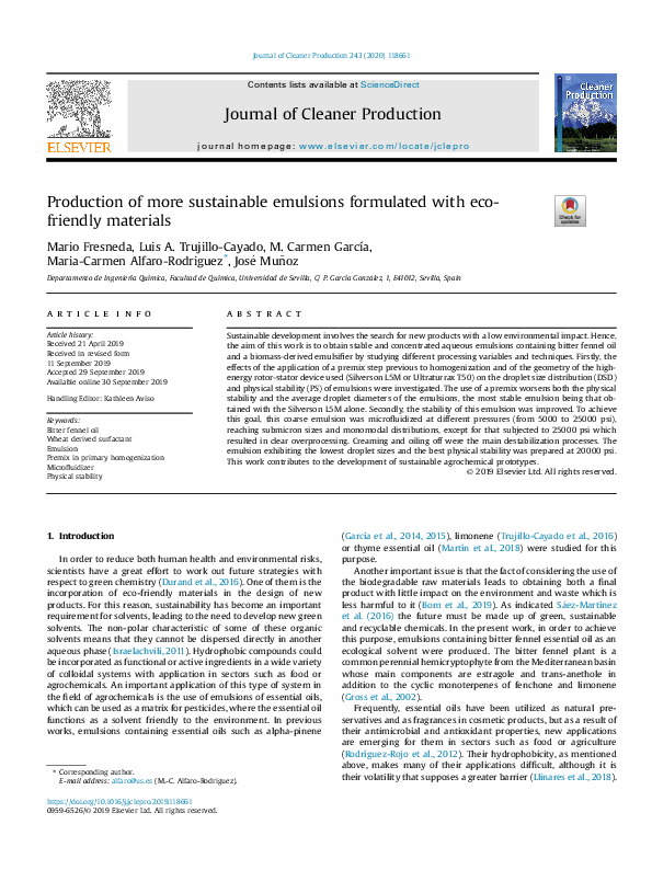 (PDF) Production of more sustainable emulsions formulated with eco ...