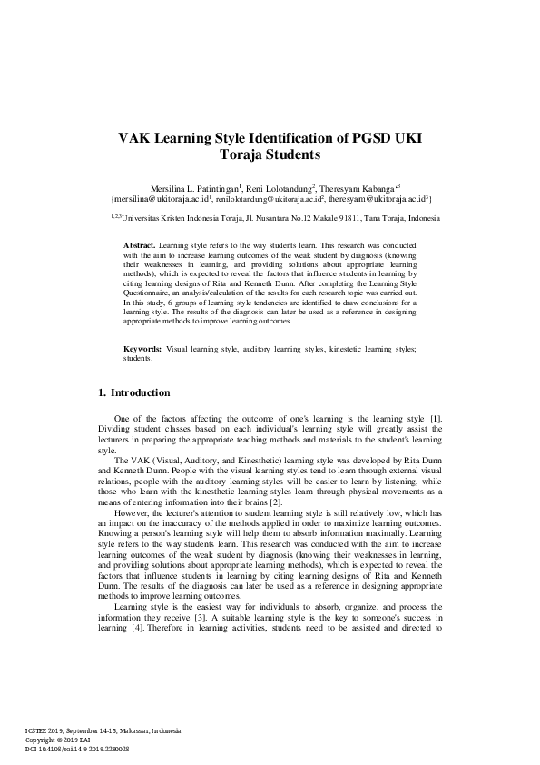 (PDF) VAK Learning Style Identification of PGSD UKI Toraja Students