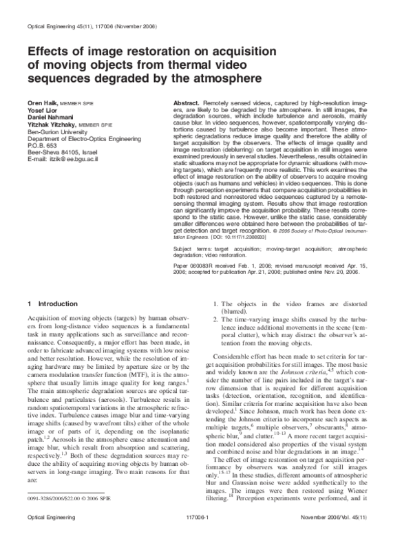 (PDF) Effects of image restoration on acquisition of moving objects from thermal video sequences ...