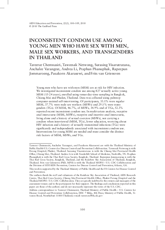 Pdf Inconsistent Condom Use Among Young Men Who Have Sex With Men Male Sex Workers And 