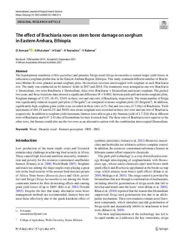 (PDF) The effect of Brachiaria rows on stem borer damage on sorghum in ...