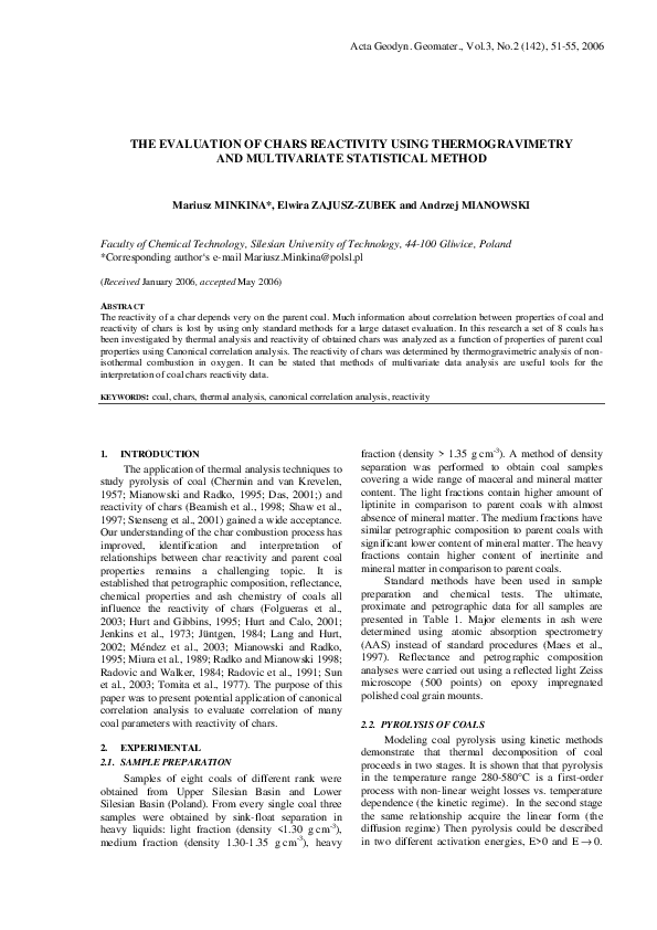 (PDF) The Evaluation of Chars Reactivity Using Thermogravimetry and Multivariate Statistical Method