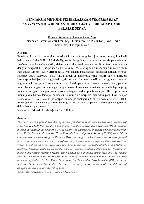 (PDF) PENGARUH METODE PEMBELAJARAN PROBLEM BASE LEARNING (PBL) DENGAN MEDIA CANVA TERHADAP HASIL ...