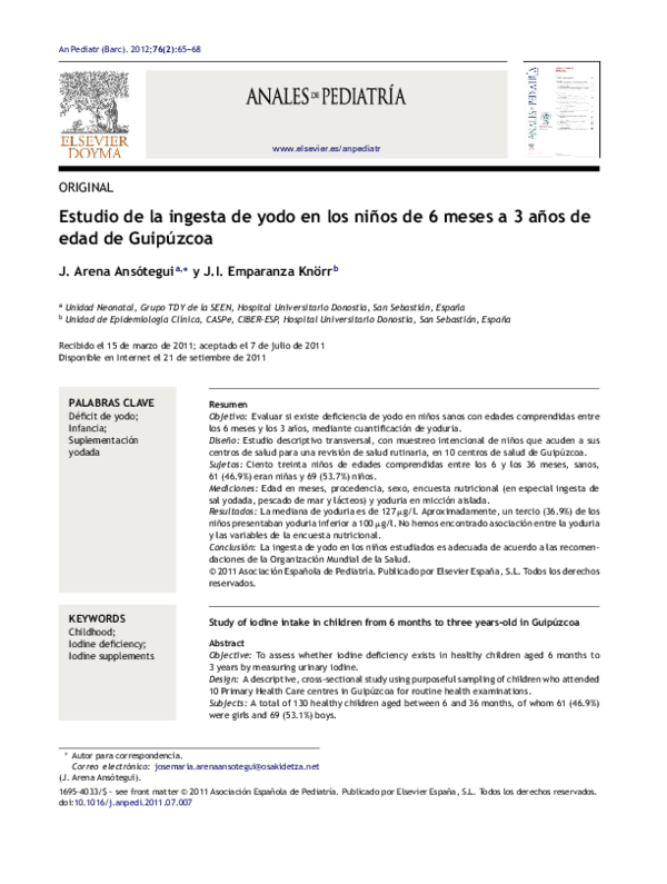 (PDF) Estudio de la ingesta de yodo en los niños de 6 meses a 3 años de ...