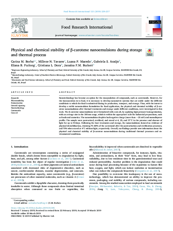 (PDF) Physical and chemical stability of β-carotene nanoemulsions during storage and thermal process