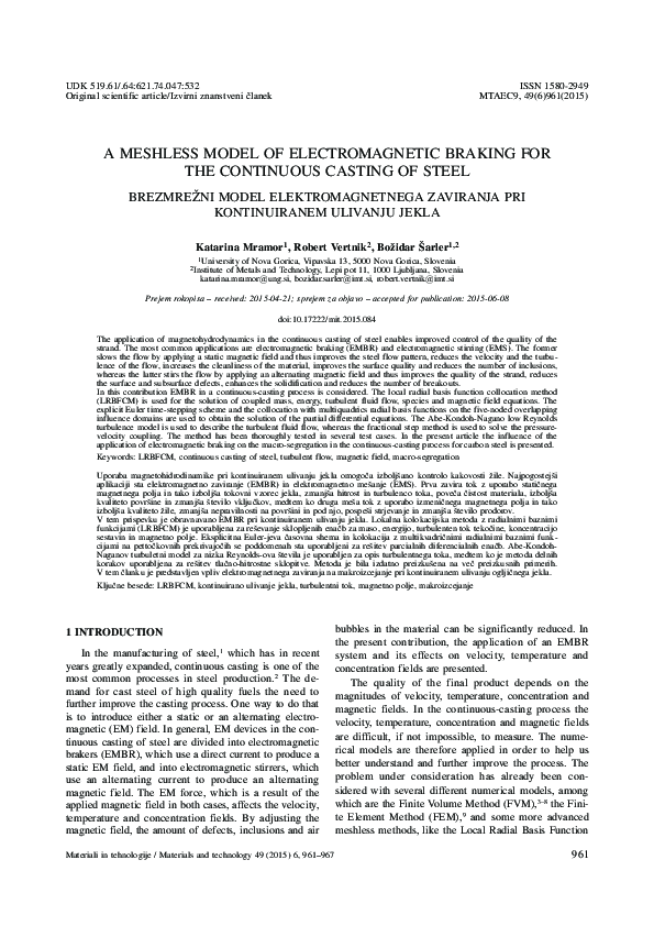 (PDF) A meshless model of electromagnetic braking for the continuous casting of steel