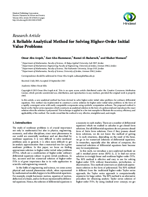 Pdf A Reliable Analytical Method For Solving Higher Order Initial 7151