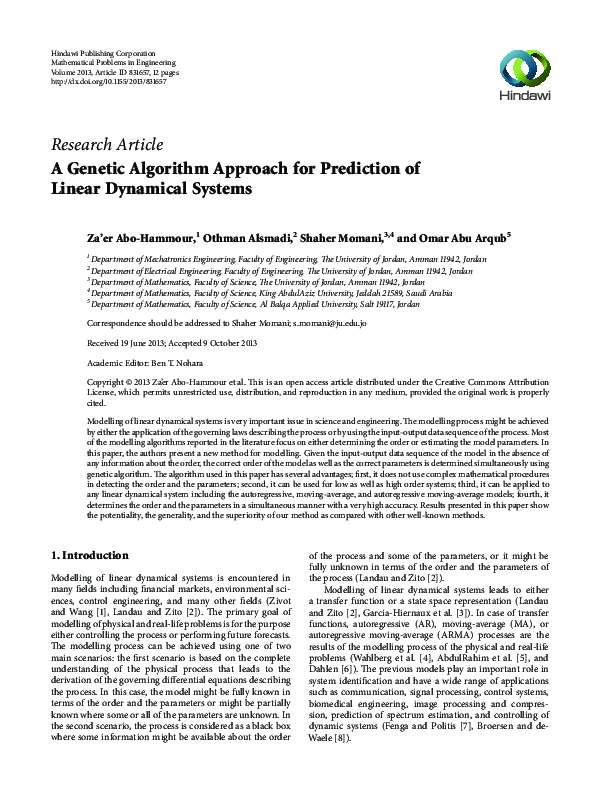 Pdf A Genetic Algorithm Approach For Prediction Of Linear Dynamical