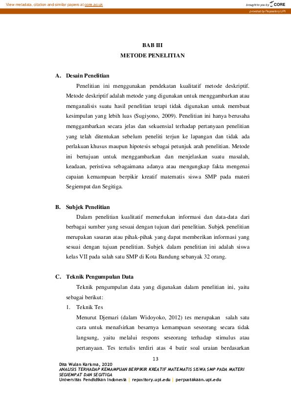 (PDF) Analisis Terhadap Kemampuan Berpikir Kreatif Matematis Siswa SMP Pada Materi Segiempat Dan ...