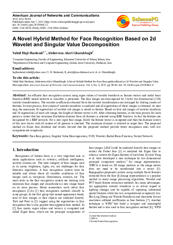 Pdf A Novel Hybrid Method For Face Recognition Based On 2d Wavelet And Singular Value