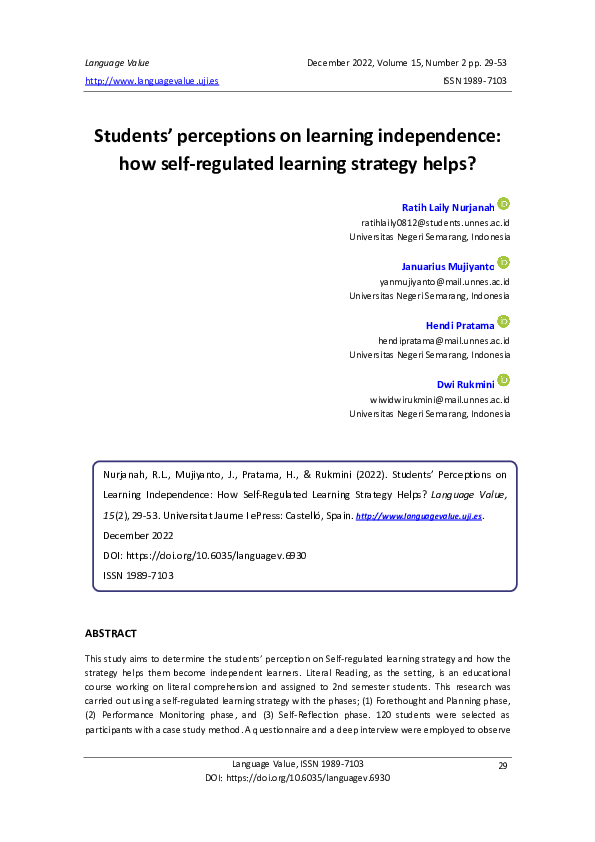 (PDF) Students' perceptions on learning independence: how self-regulated learning strategy helps