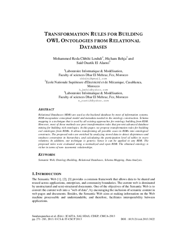 Pdf Transformation Rules For Building Owl Ontologies From Relational Databases El Alaoui El